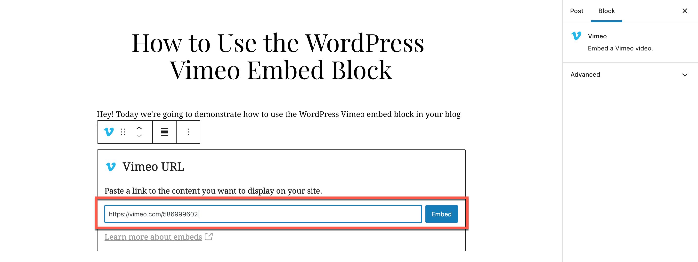 ¿Cómo usar el bloque de inserción de Vimeo WordPress? - Recurso Wordpress